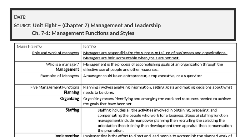 Management Functions and Styles: Unit 8 - Chapter 7 Overview - Studocu