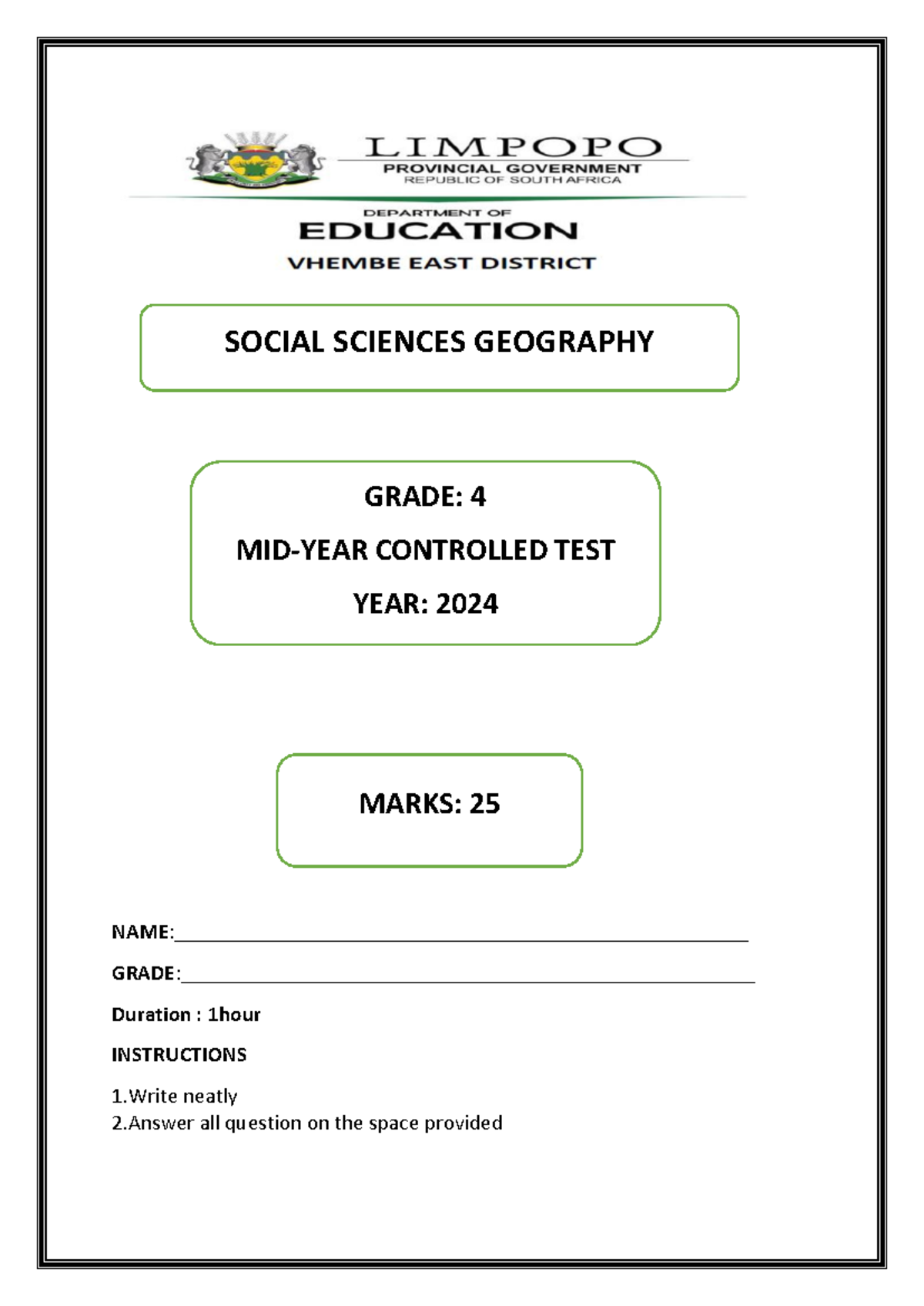 Grade 4 Geography Controlled Test Term 2 2024 - 25 Marks - Studocu
