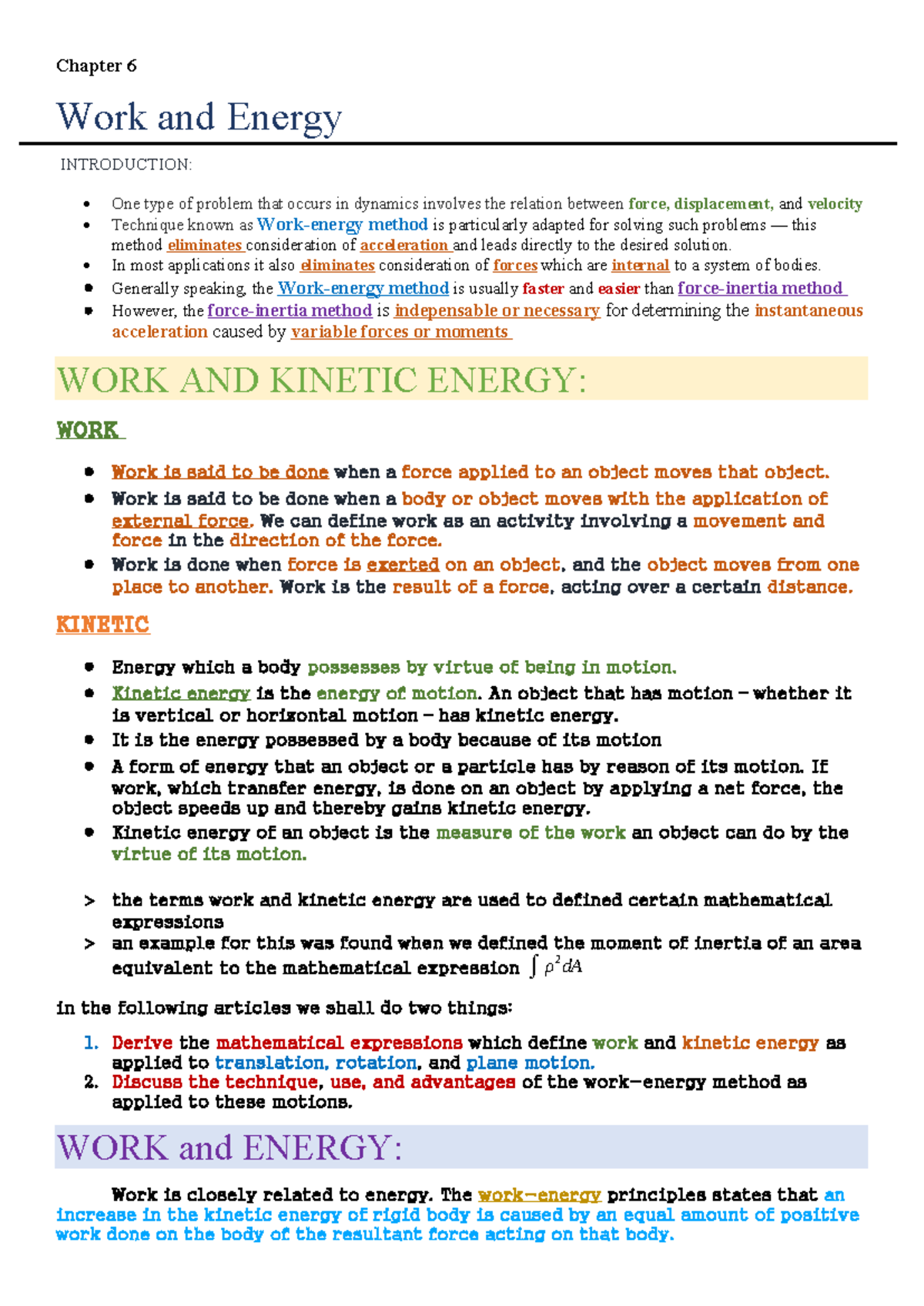 Chapter 6 Work and Energy: Key Concepts and Applications Review - Studocu