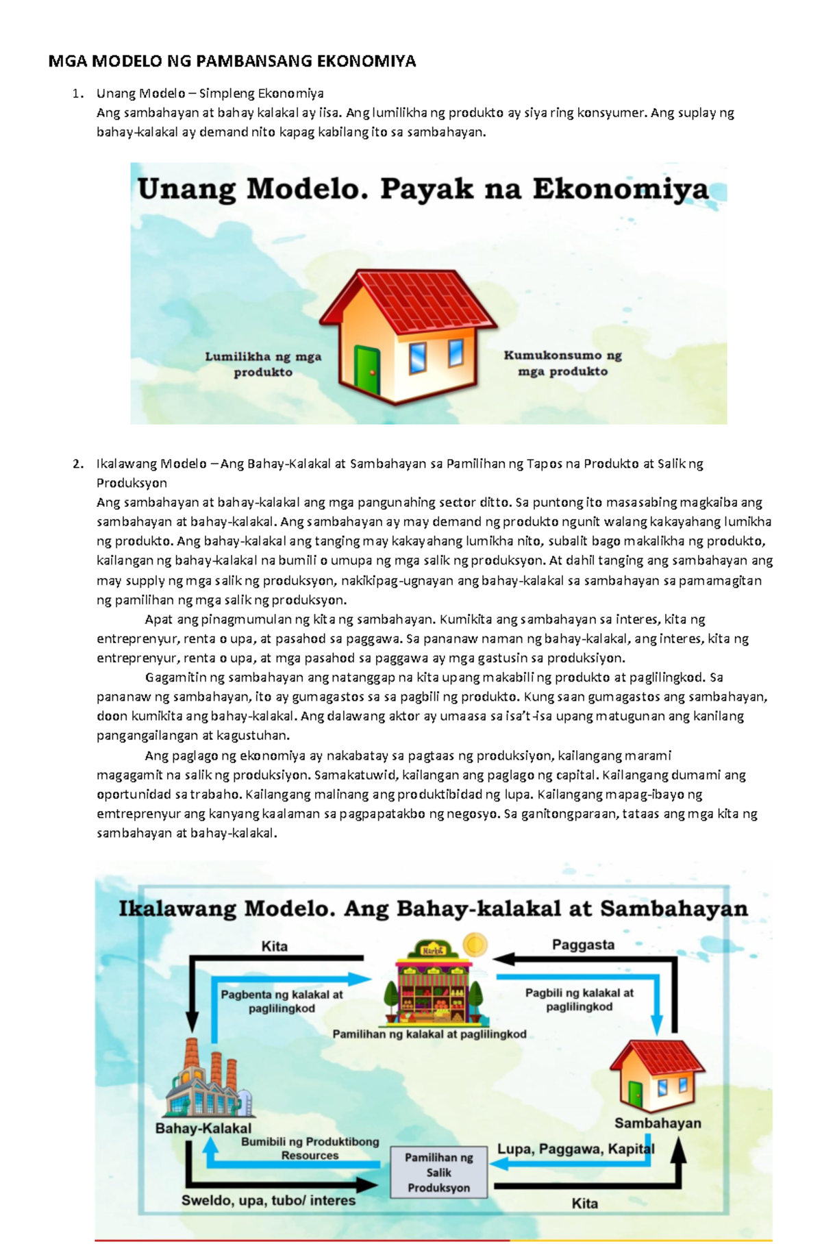 MGA MODELO NG EKONOMIYA: PAMBANSANG EKONOMIYA AT AGOS NITO - Studocu