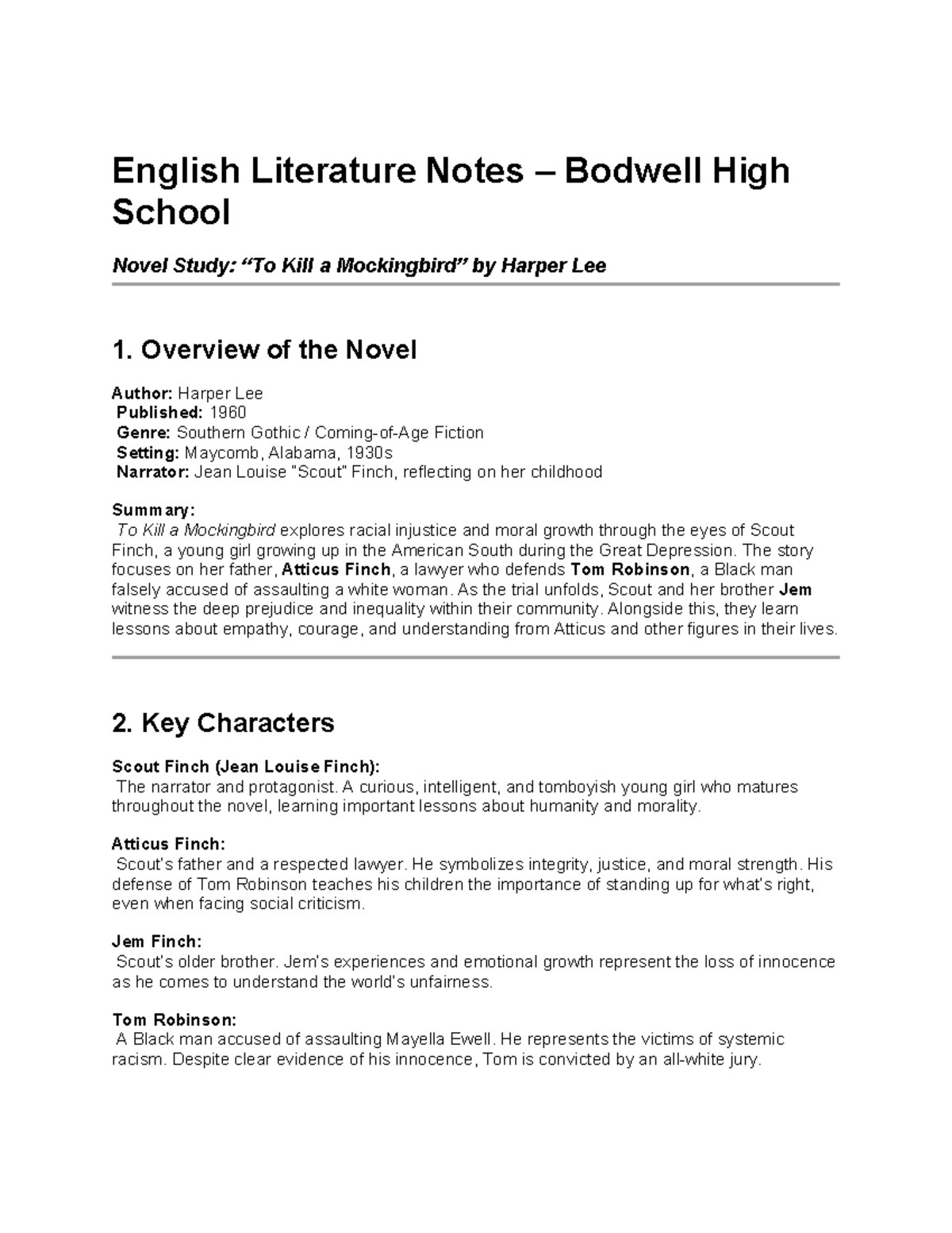 English Literature Notes: Bodwell HS Novel Study on "To Kill a ...
