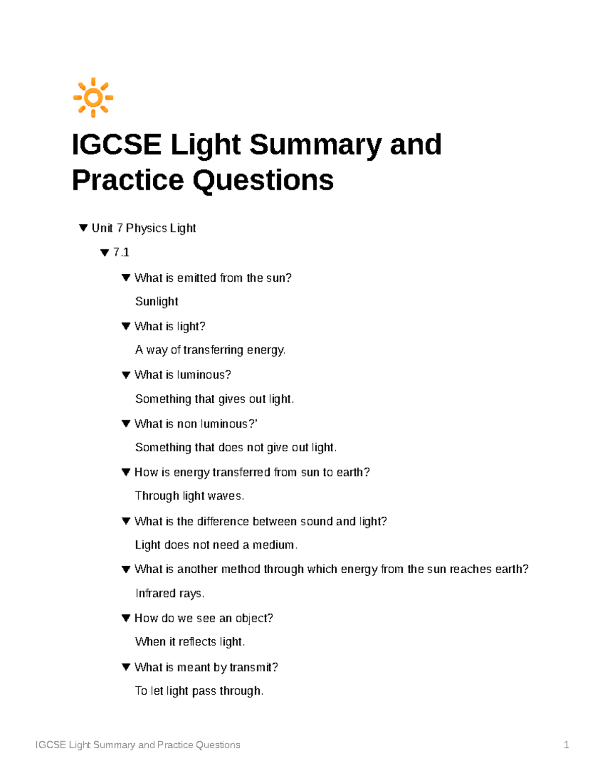 Igcse Light Summary And Practice Questions ó Igcse Light Summary And Practice Questions Unit 7