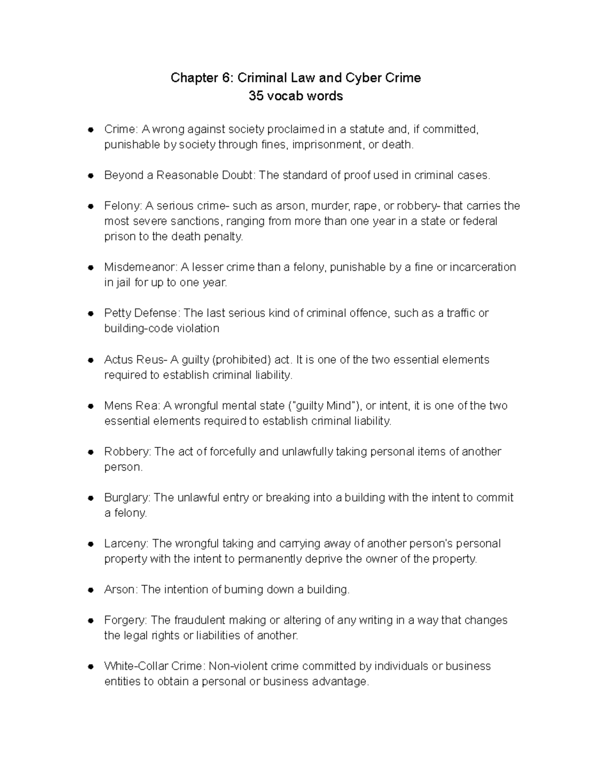 Chapter 6: Criminal Law & Cyber Crime Vocabulary Terms - Studocu