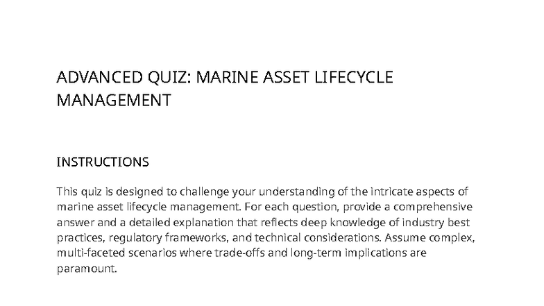 ADVANCED QUIZ: MARINE ASSET LIFECYCLE MANAGEMENT (MALM 101) - Studocu
