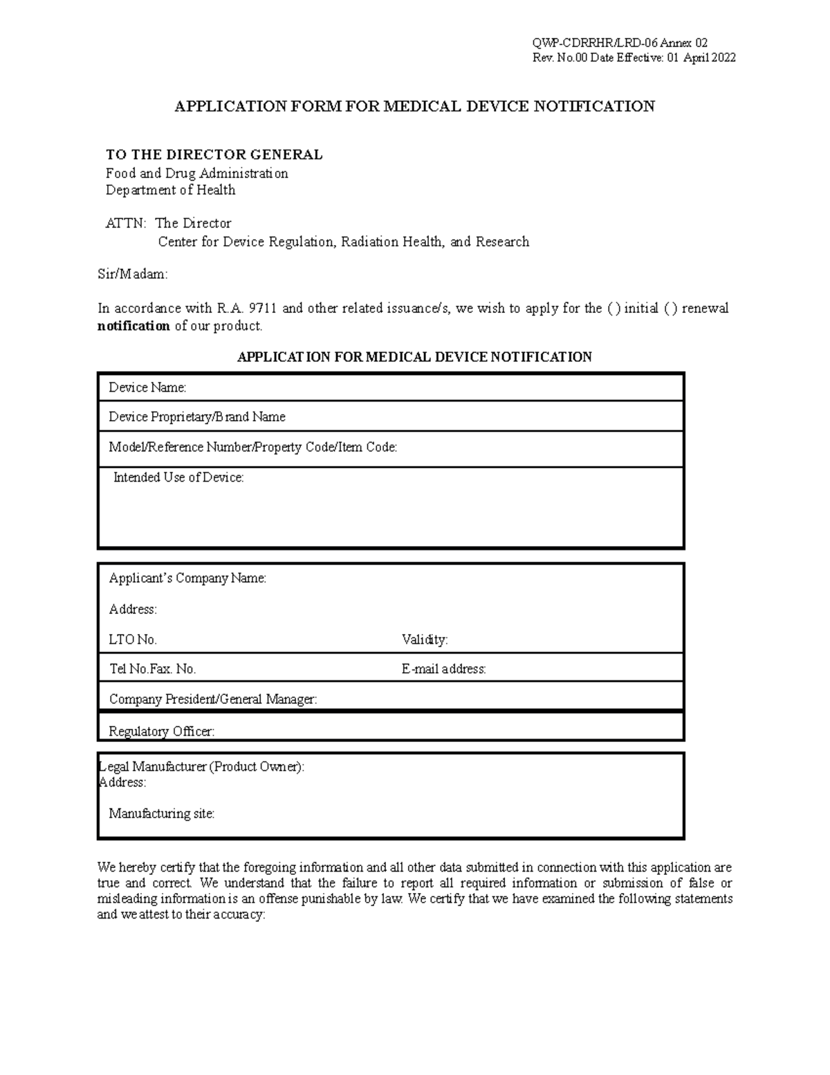 Application Form for Medical Device Notification (LRD 06 CMDN) - Studocu