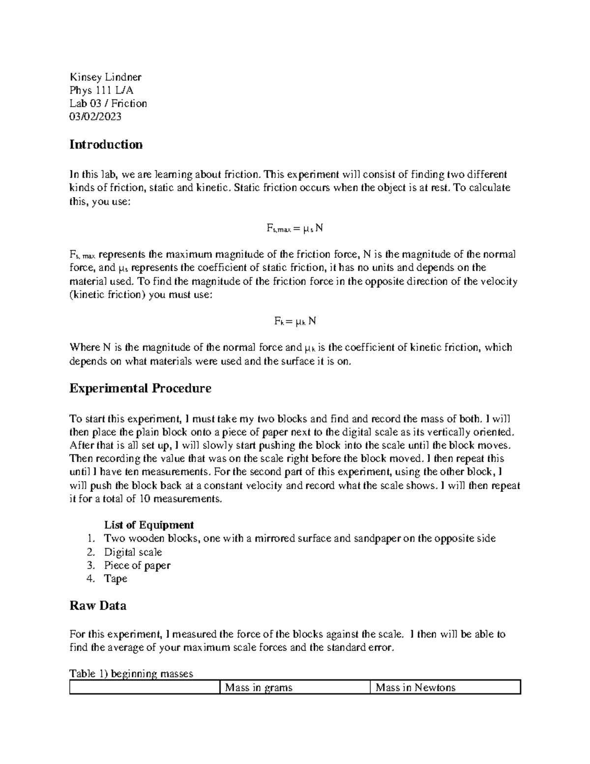 Phys 111 L/A - Lab Report 3: Exploring Static and Kinetic Friction ...