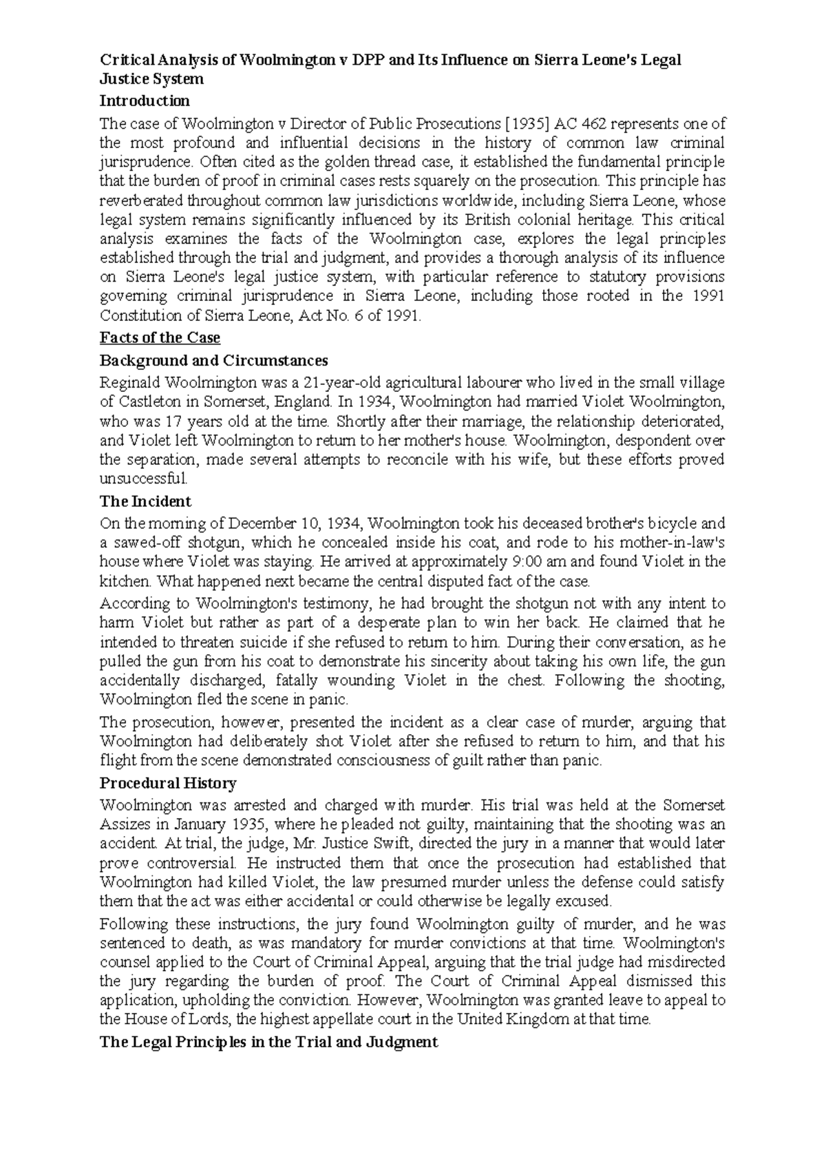 Critical Analysis of Woolmington v DPP's Impact on Sierra Leone's Legal ...