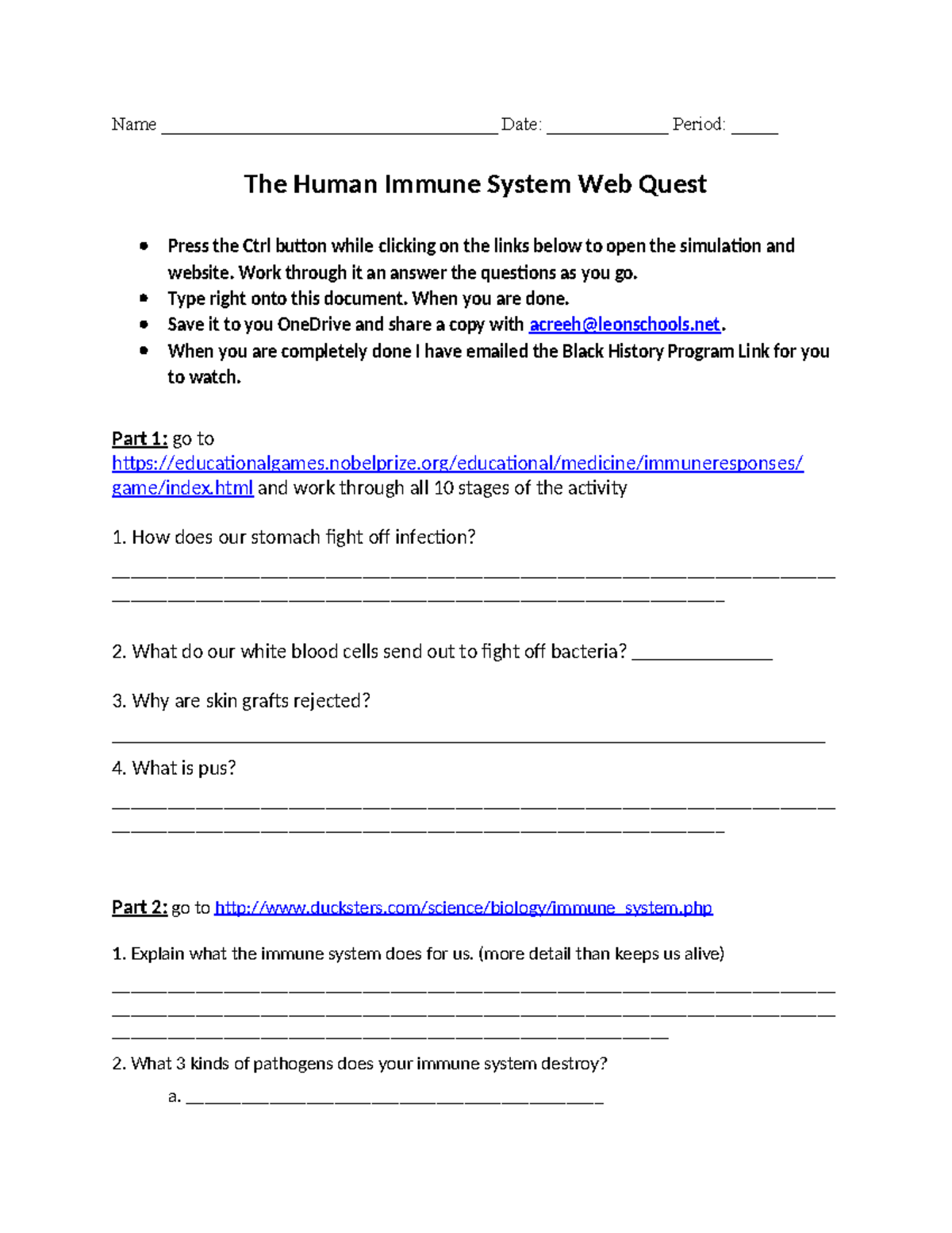 Immune System Webquest - Name ____________________________________ Date ...