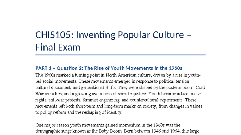 CHIS105: Final Exam on Youth Movements in the 1960s - Studocu