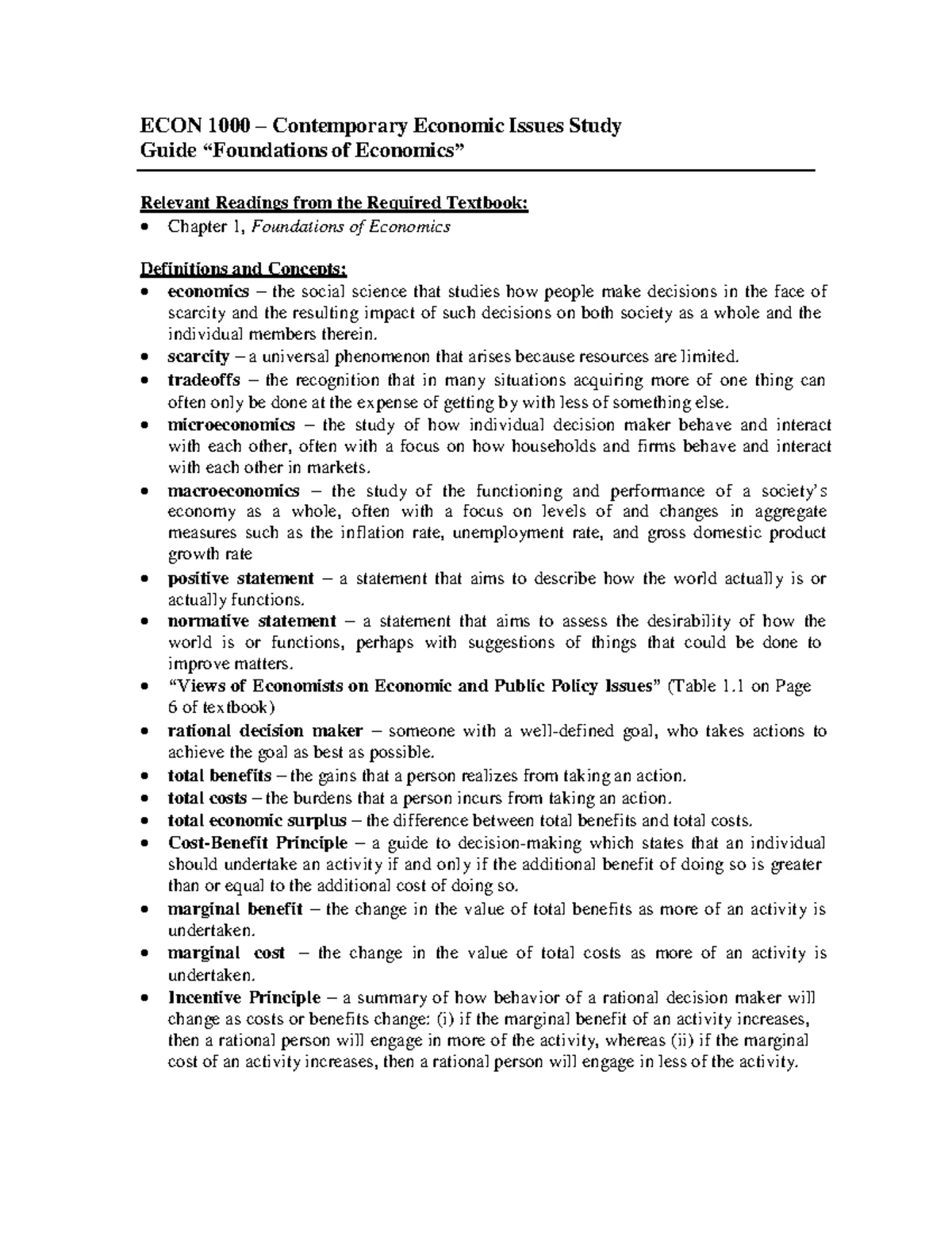 Chapter 4 Study Guide - zyxw zytsrponm ECON 1000 – Contemporary ...