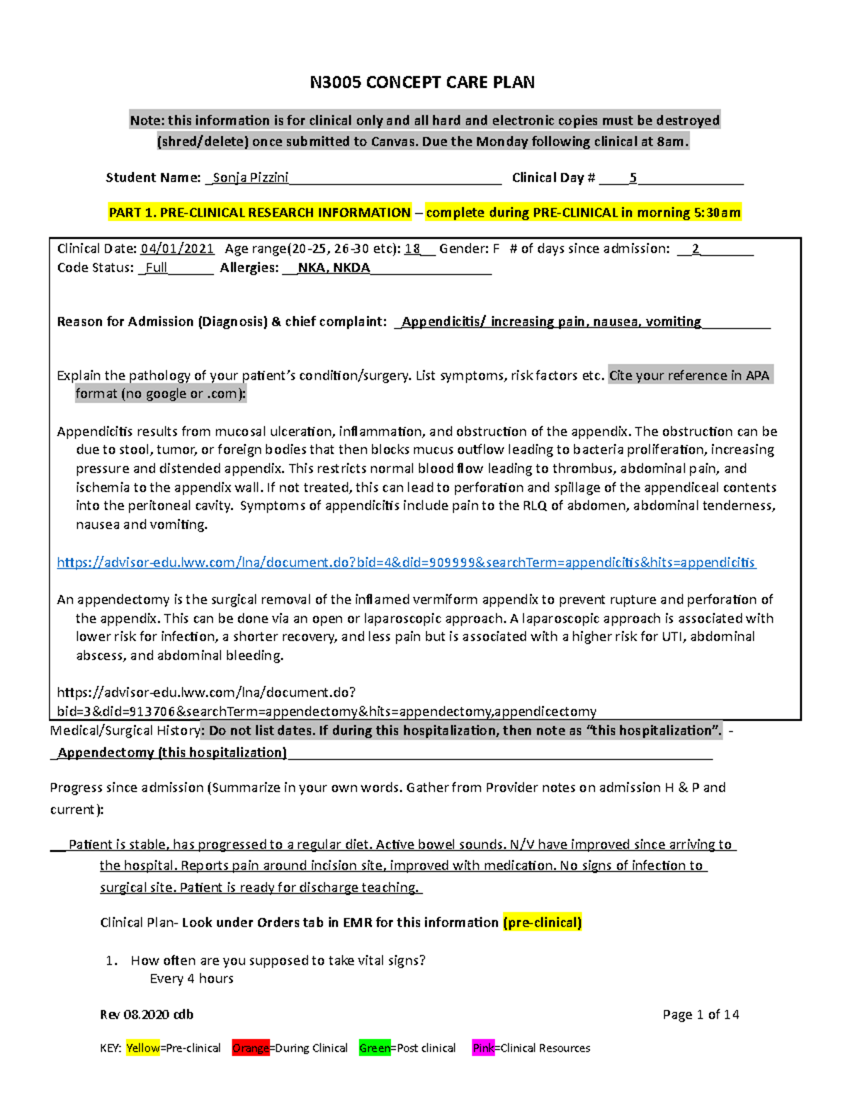 N3005 Virtual Clinical Care Plan for Patient Sarah Lin - Appendicitis ...