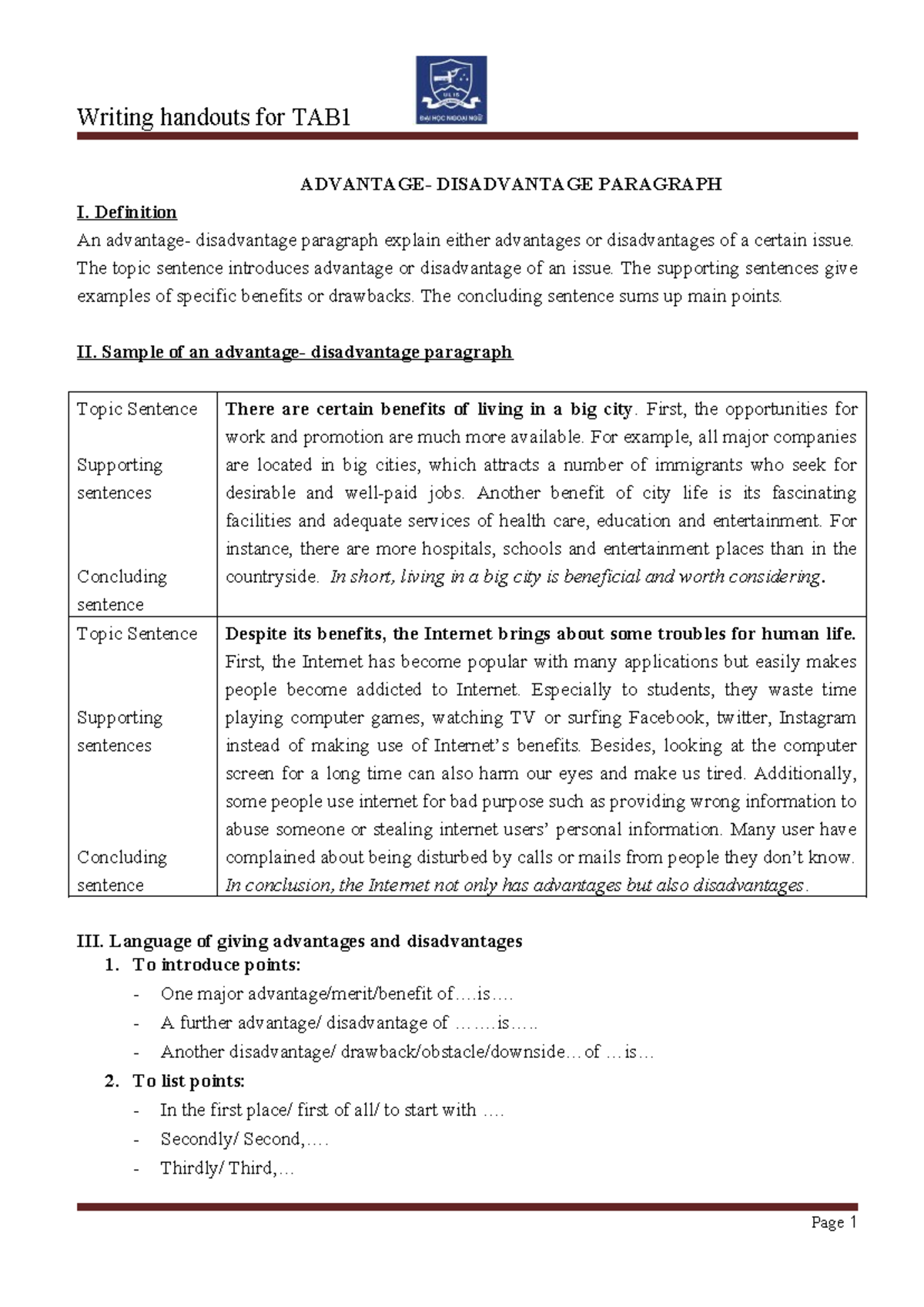 Writing Handout Advantage Disadvantage Paragraph - ADVANTAGE ...