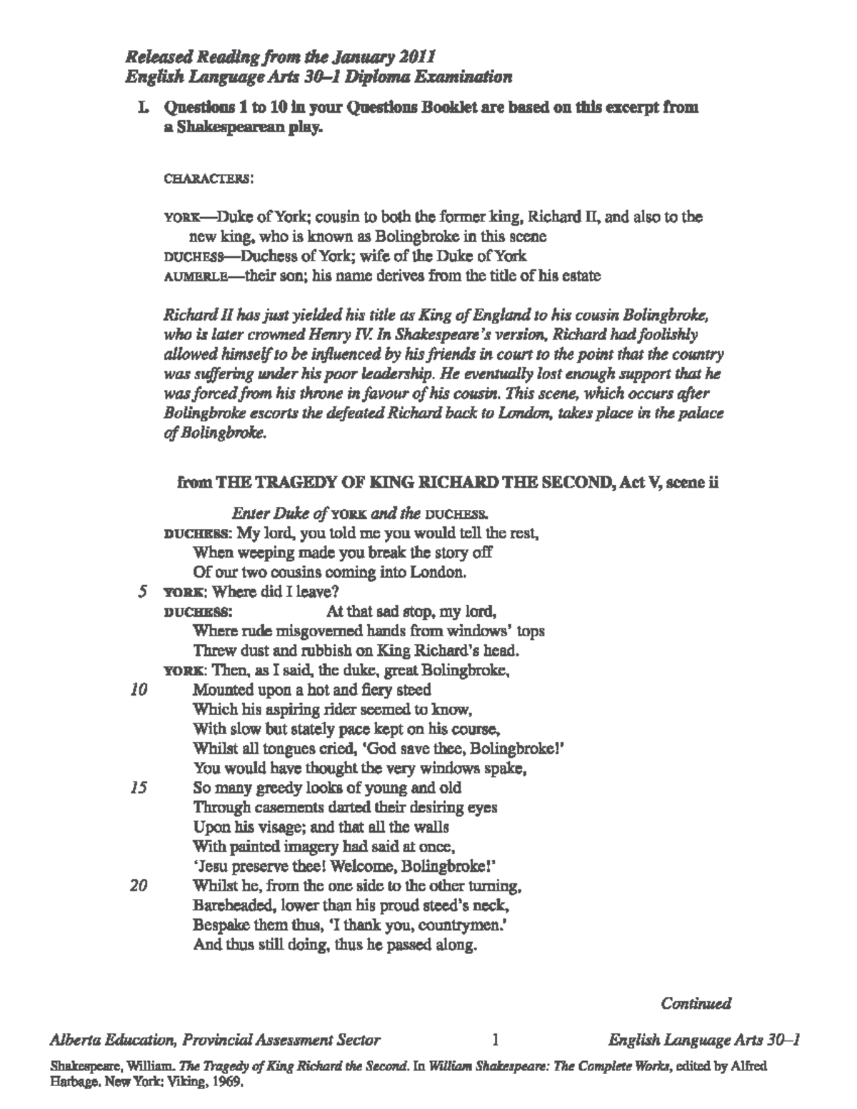 Diploma ELA 30-1: Released Reading & Questions from Jan 2011 Exam - Studocu