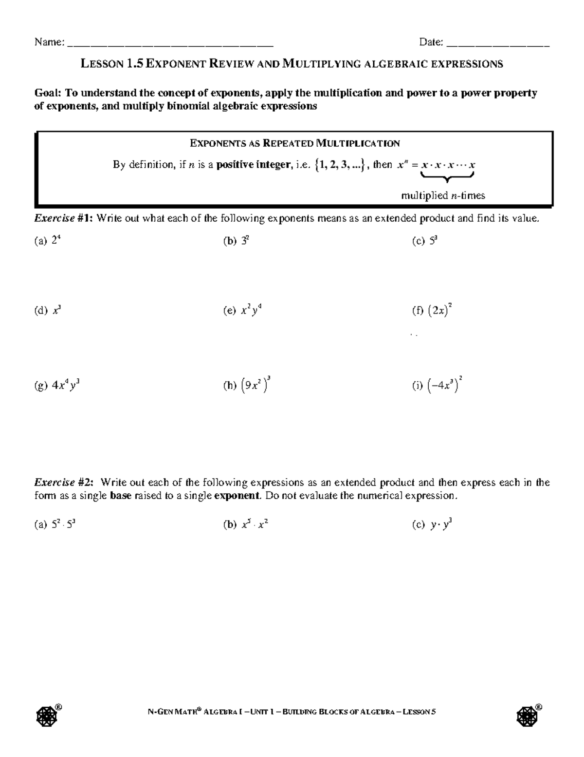 N-GEN MATH® ALGEBRA I UNIT 1 LESSON 5 EXPONENT REVIEW HOMEWORK - Studocu
