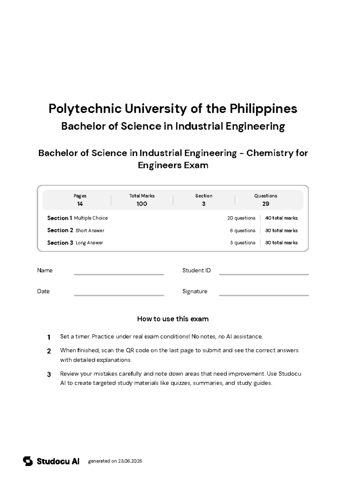Chemistry for Engineers Final Exam - BSc Industrial Engineering - Studocu