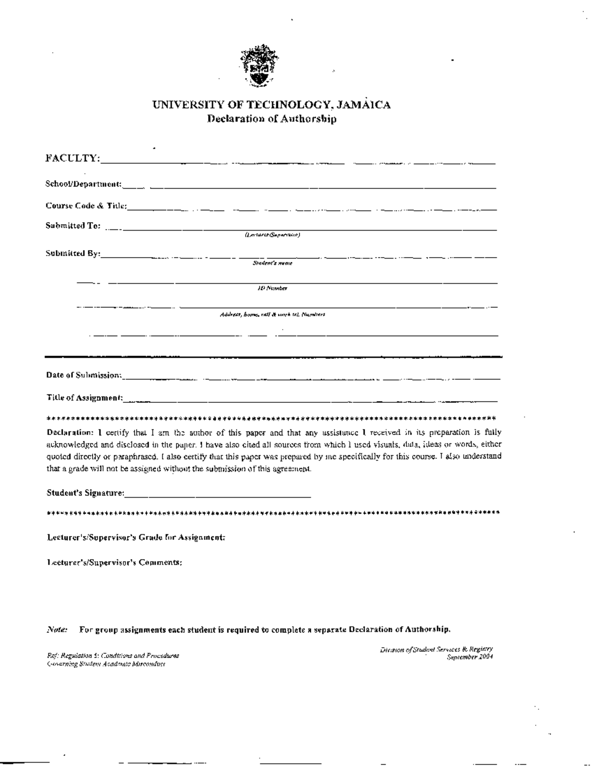 Declaration of Authorship - Course Code Included - Studocu