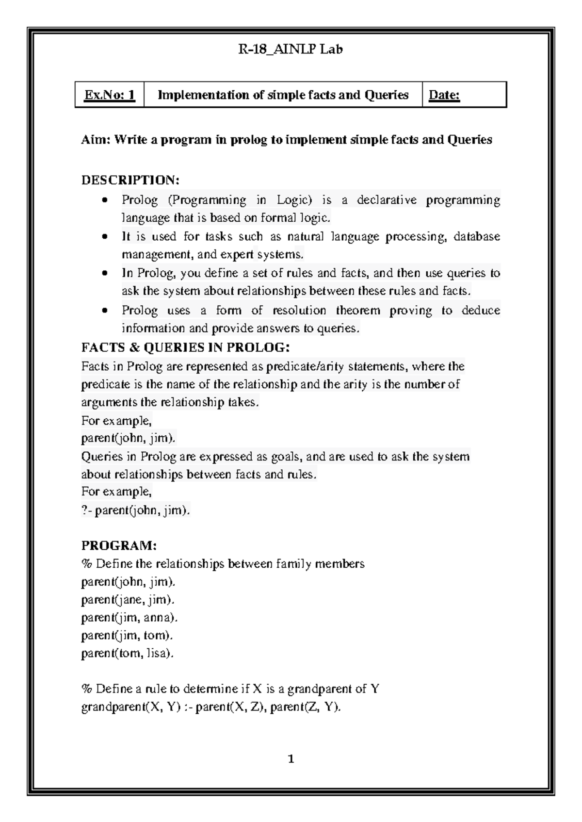 AINLP Lab Manual: Prolog Programming Exercises and Solutions - Studocu