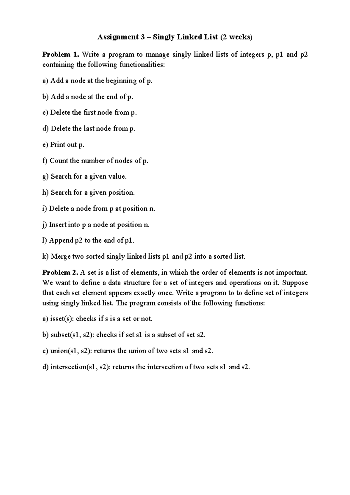 Assignment 3: Singly Linked List Operations & Set Management - Studocu