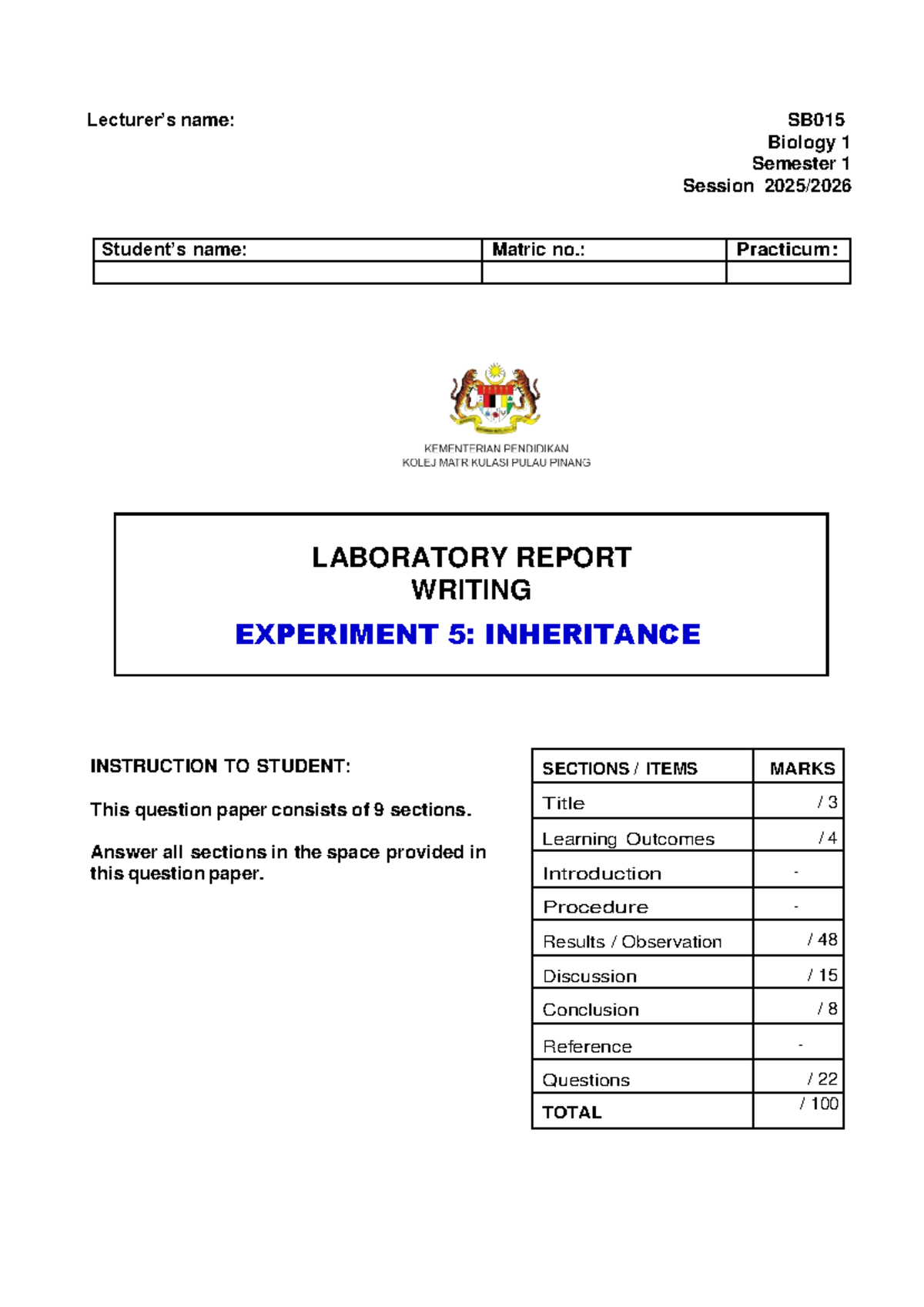 BIO 1 SB015 Practicum: Lab Report on Inheritance (Experiment 5) - Studocu