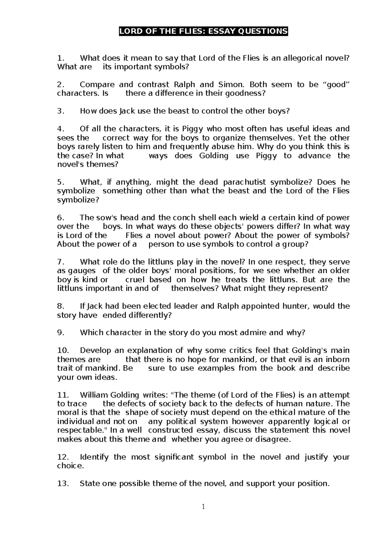 LORD OF THE FLIES: 42 ESSAY QUESTIONS FOR ANALYSIS - Studocu