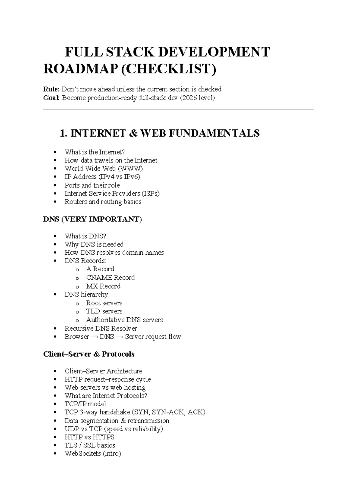 Full Stack Development Roadmap (Checklist) for Placement Guide - Studocu