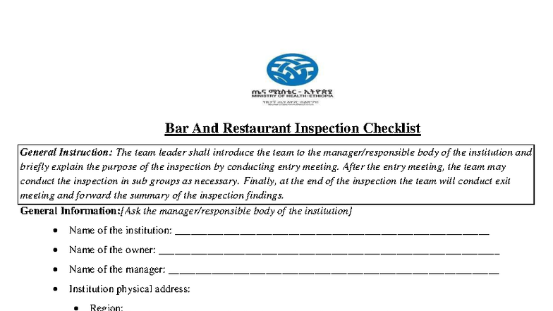 Bar and Restaurant Inspection Checklist: General Instructions and ...