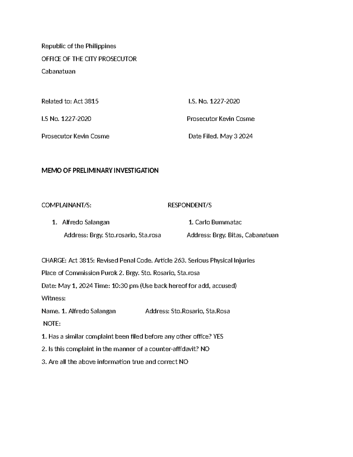 Memorandum of Preliminary Investigation - Act 3815 I.S. No. 2024 - Studocu