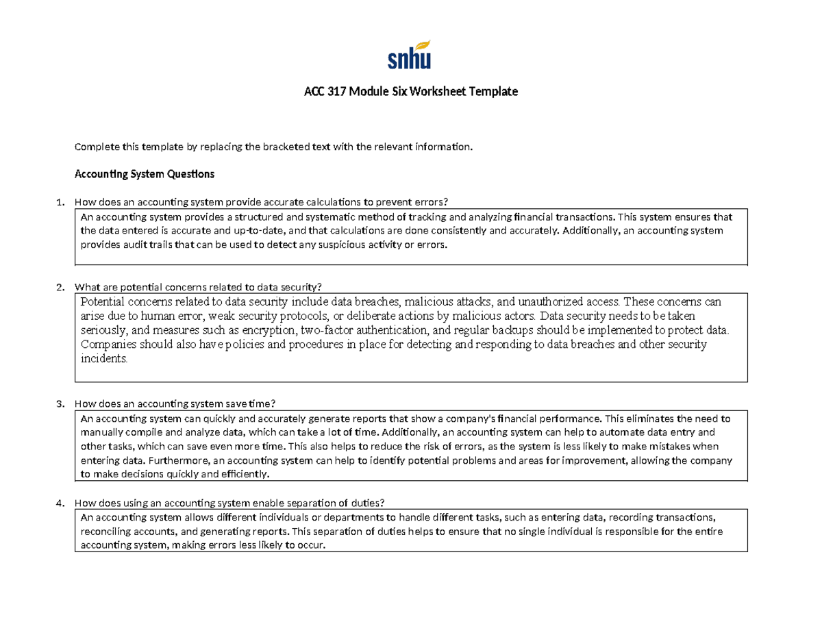 ACC 317 Module 6 Worksheet: Accounting Systems & Data Security Issues ...
