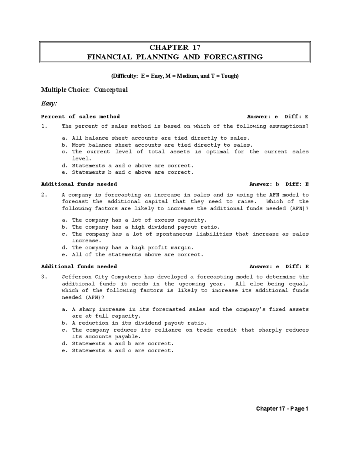 TB Chapter 17 Financial Planning & Forecasting Quiz Questions and ...