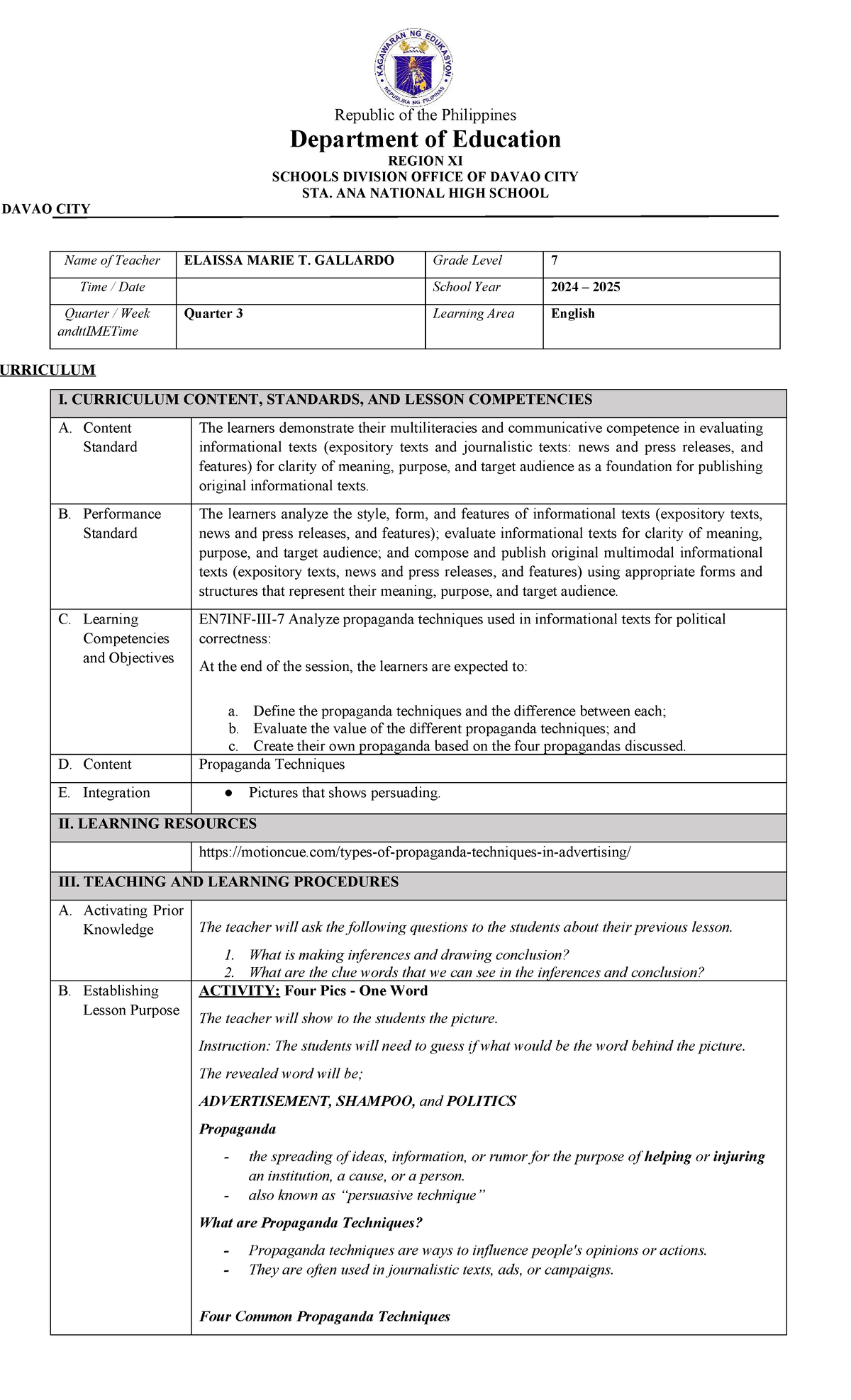 EN7INF-III-7 Analyzing Propaganda Techniques in Informational Texts - Studocu