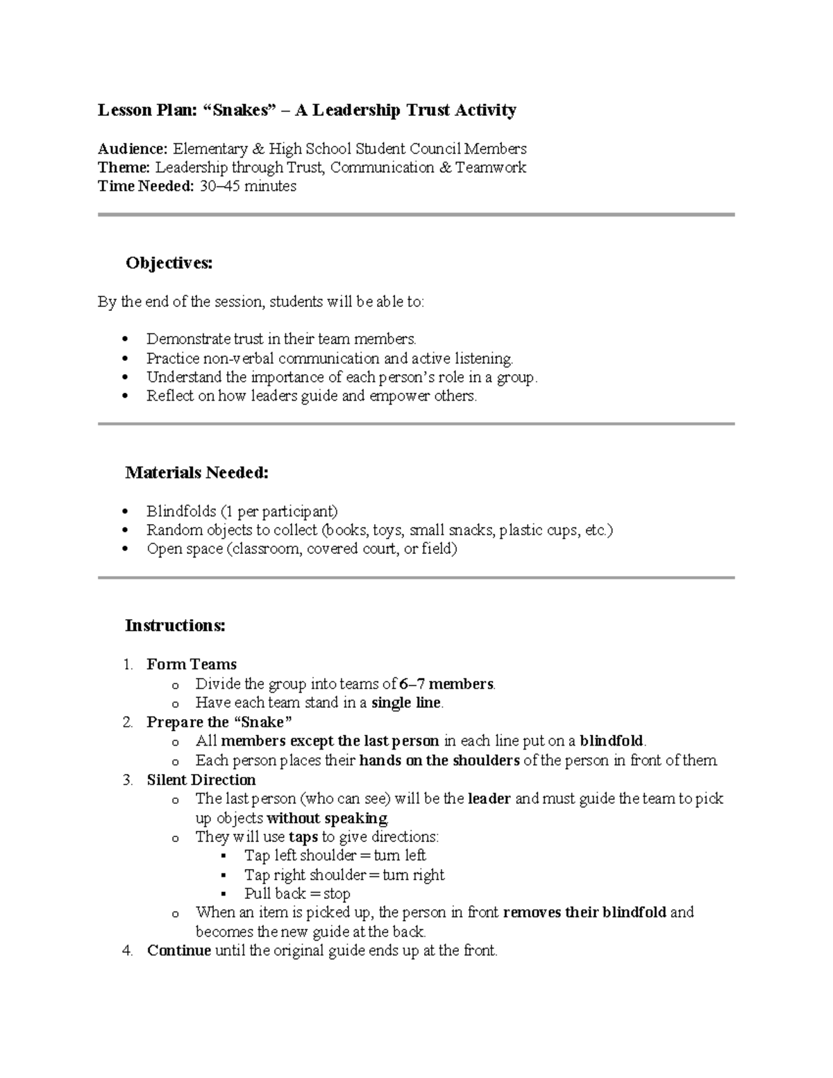 Leadership Trust Activity Lesson Plan for Student Council - Studocu