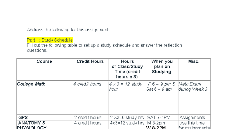 Study Schedule & Reflection for College Math & Anatomy (Week 3) - Studocu