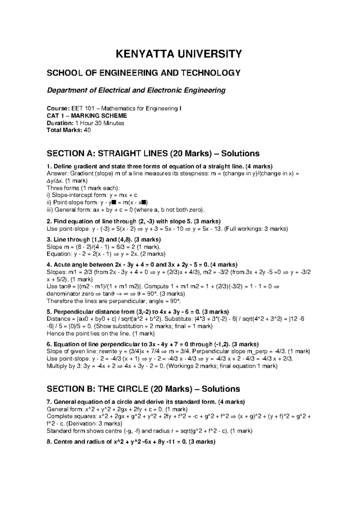 EET 101 Mathematics for Engineering I CAT 1 Marking Scheme Answers ...