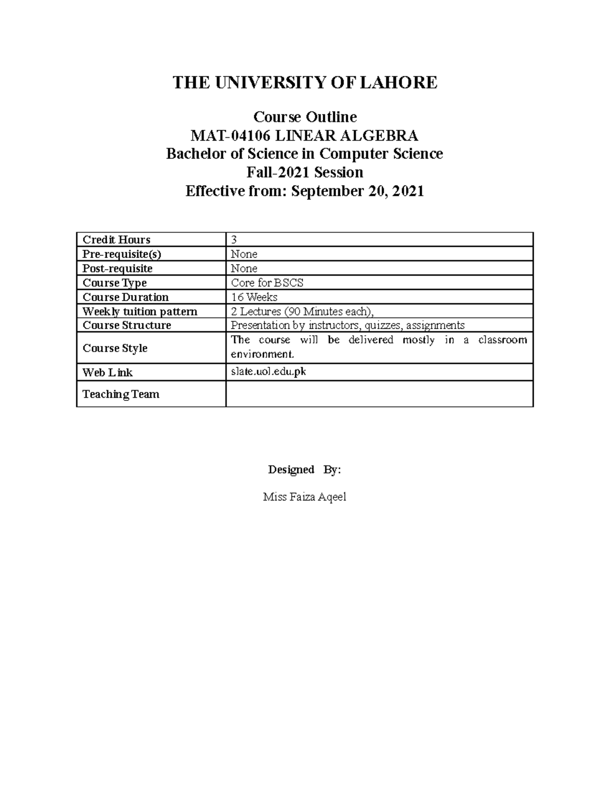 Course Outline MAT-04106 Linear Algebra Fall-2021 - Studocu