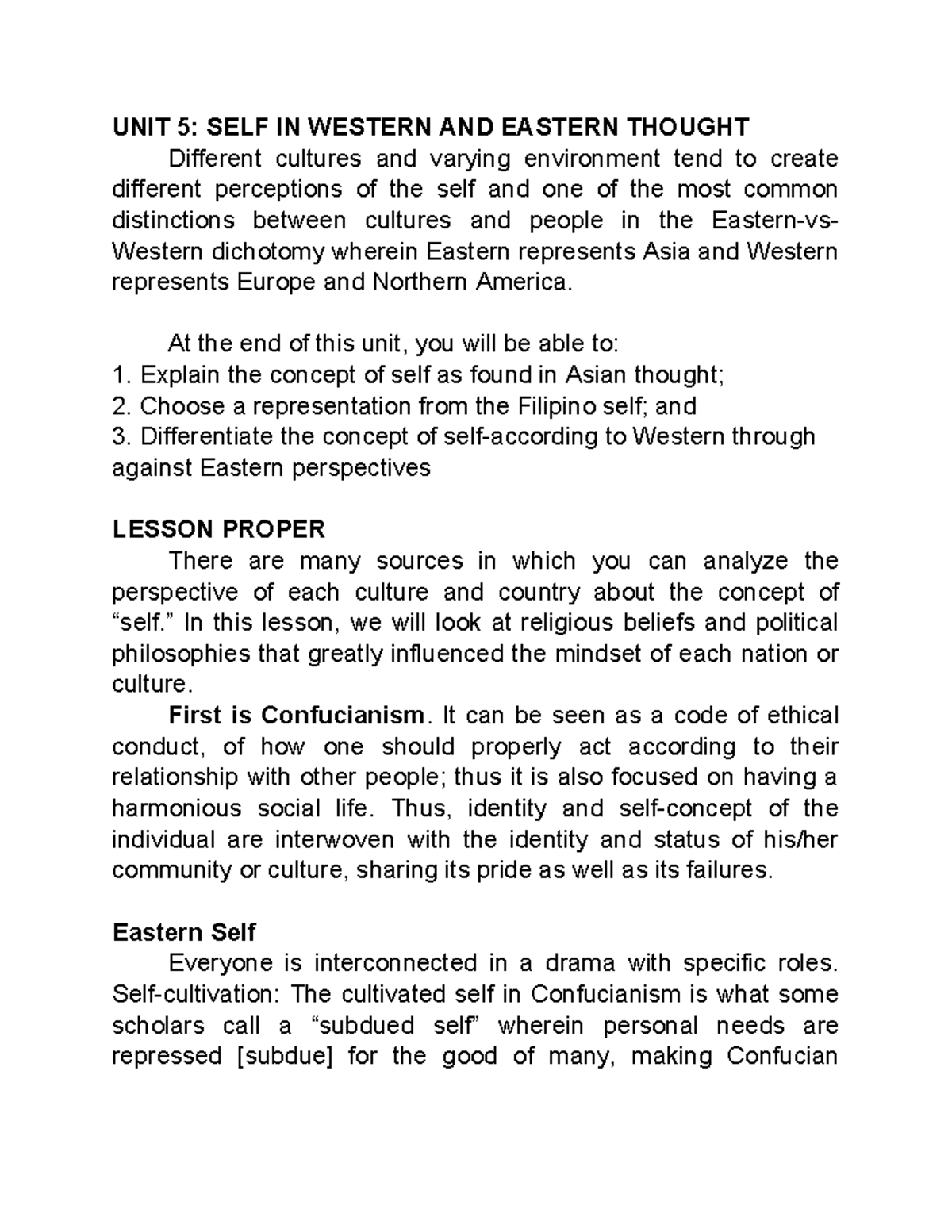 UNIT 5: SELF IN WESTERN & EASTERN THOUGHT - CULTURAL PERSPECTIVES - Studocu