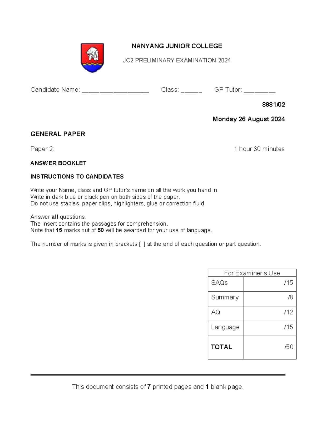 2024 NYJC H1 GP 8881 P2 Preliminary Exam Answer Booklet - Studocu