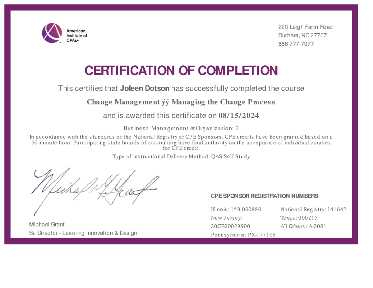 MBA 687 Module 3: Change Management & Certificate of Completion - Studocu