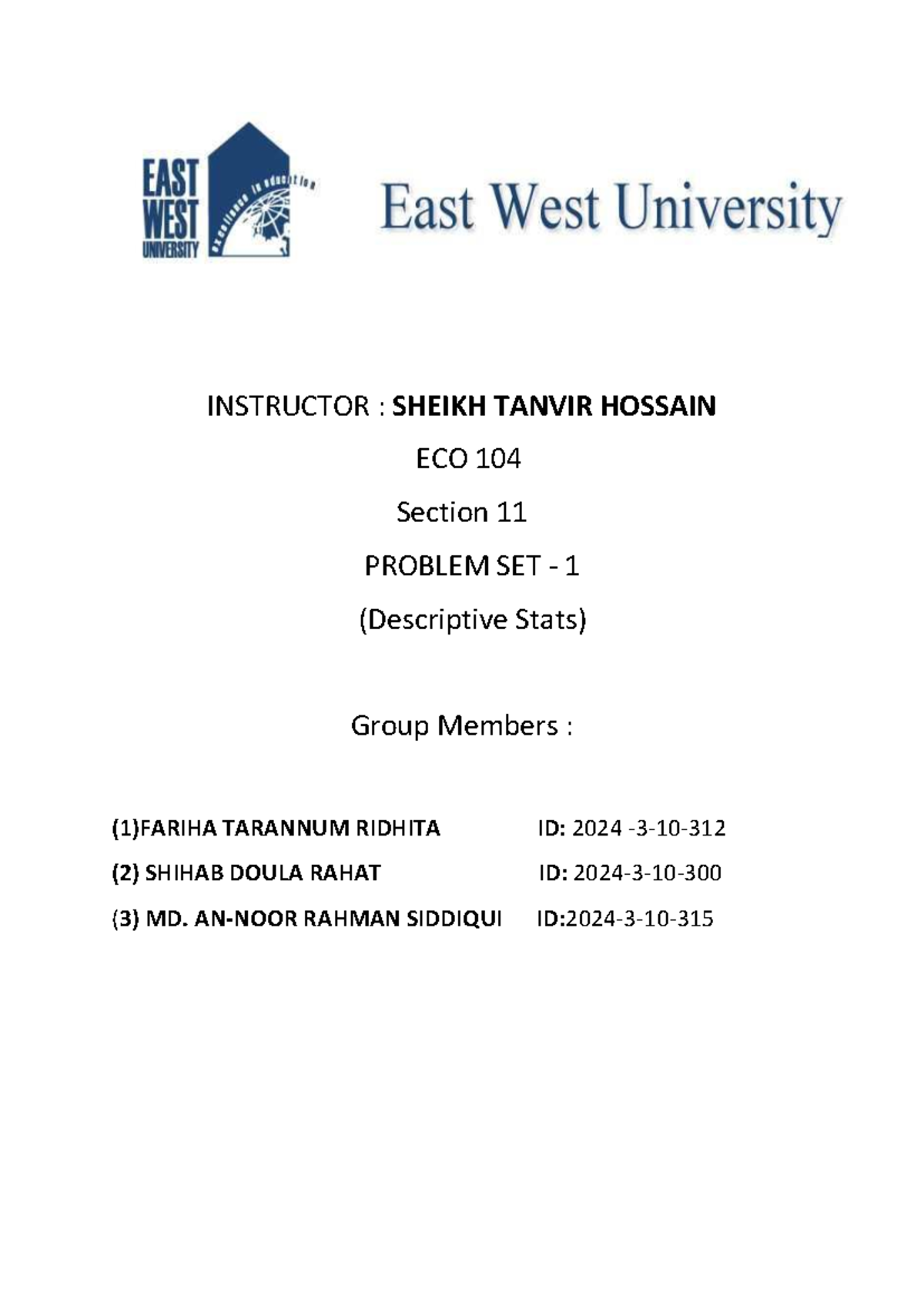 ECO 104 Section 11 Problem Set 1: Descriptive Statistics Solutions ...