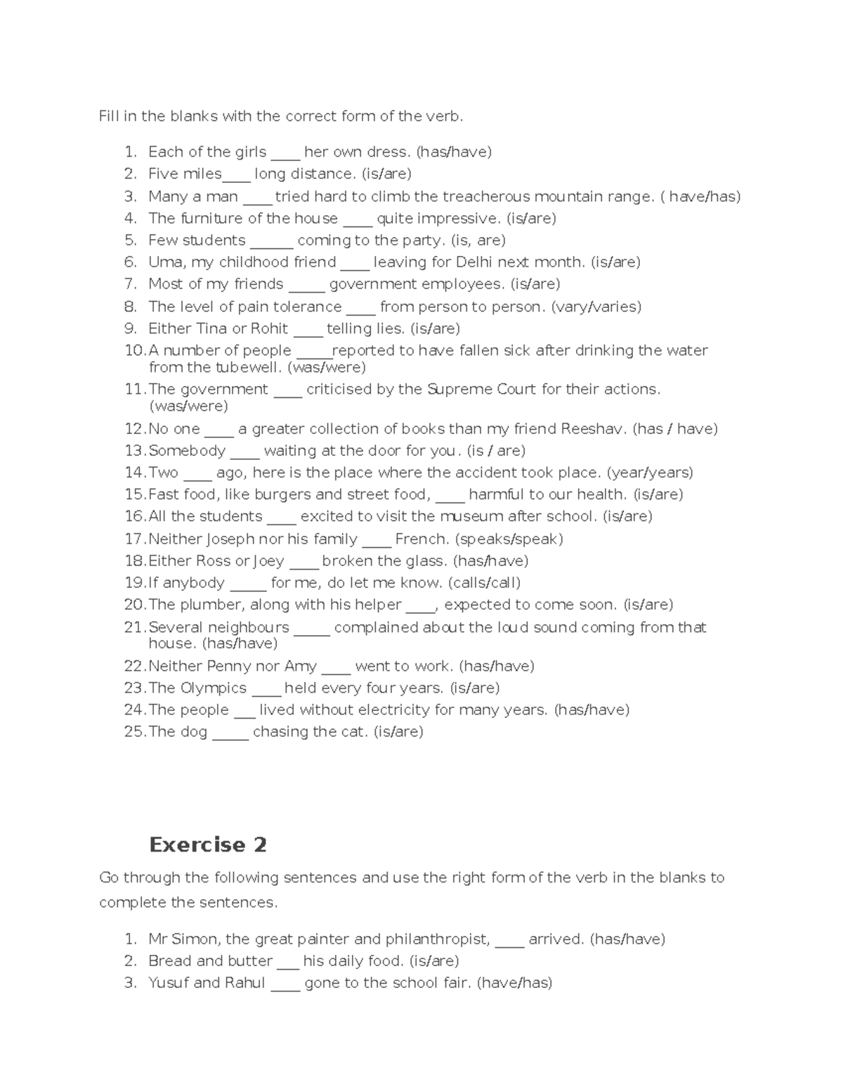 Subject-Verb Agreement Exercise: Practice and Fill-ins - Studocu