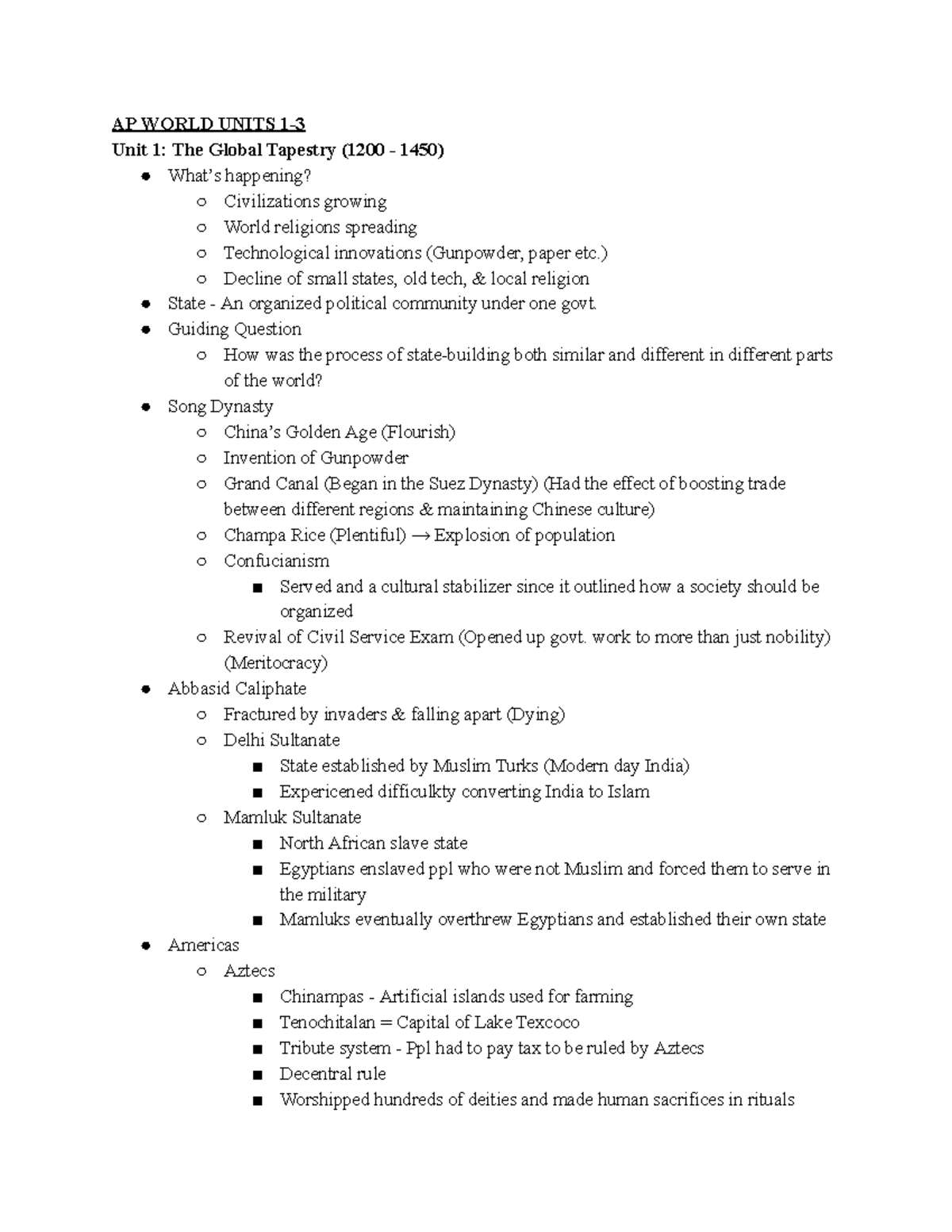 AP World Cheat Sheet: Key Concepts for Units 1-3 Exam - Studocu