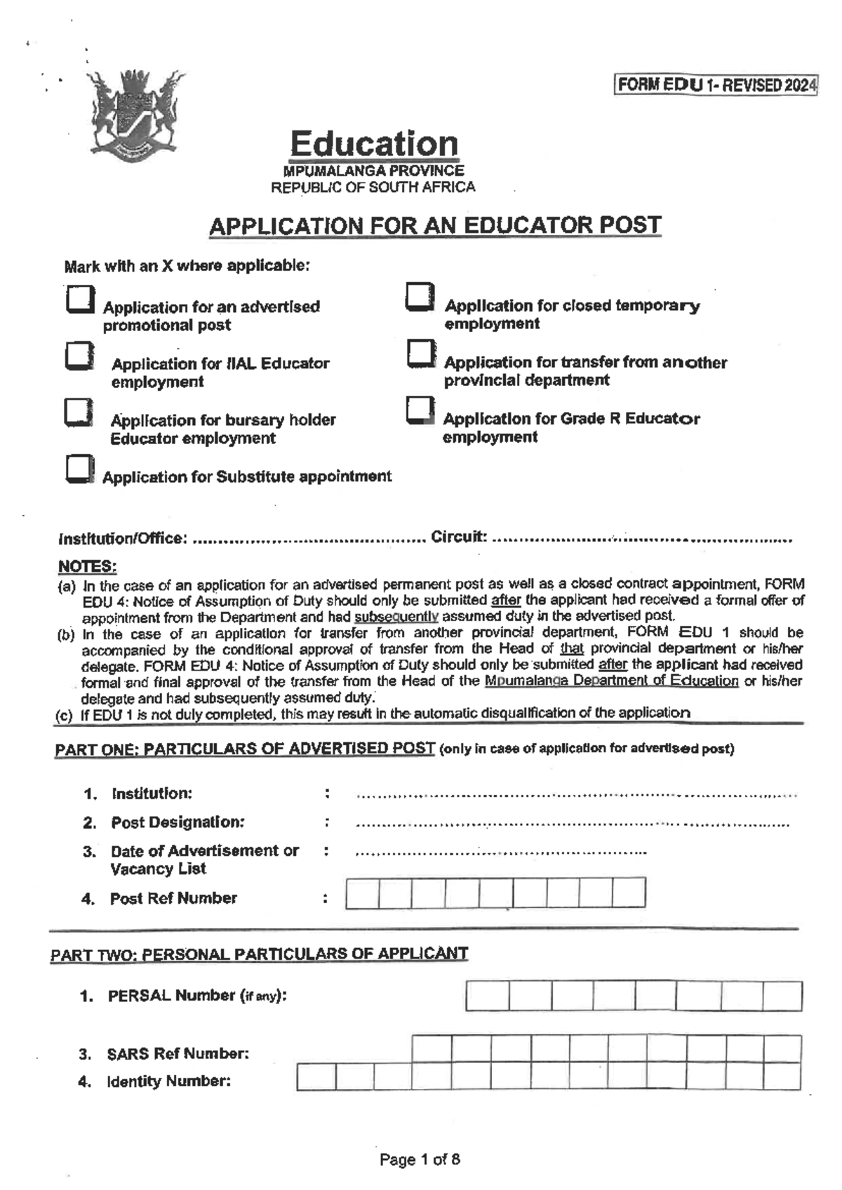 Application Form EDU Revised 2024 for Educator Positions in Mpumalanga ...