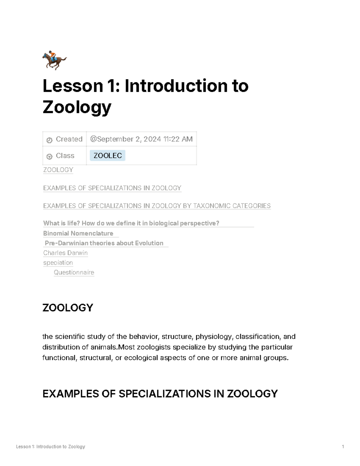 Lesson 1 Introduction to Zoology - Lesson 1: Introduction to Zoology ...