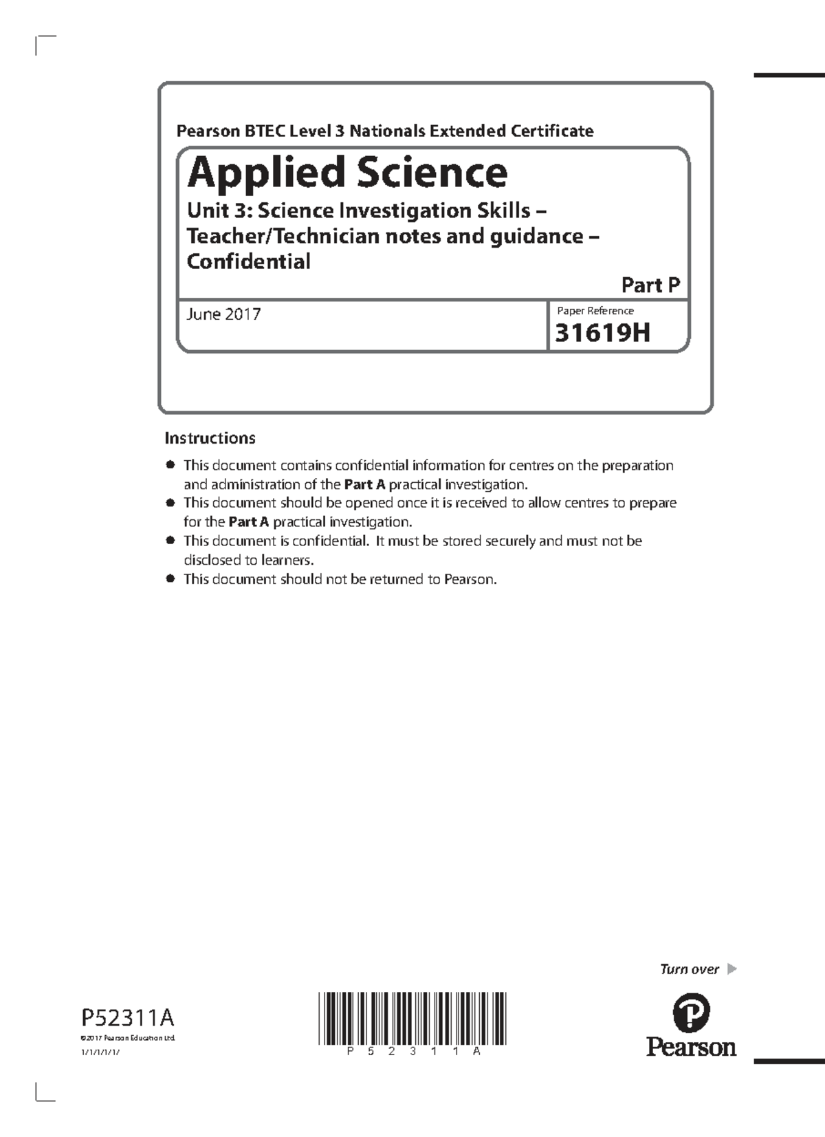 Pearson BTEC Level 3 Nationals Applied Science Unit 3: June 2017 Exam ...