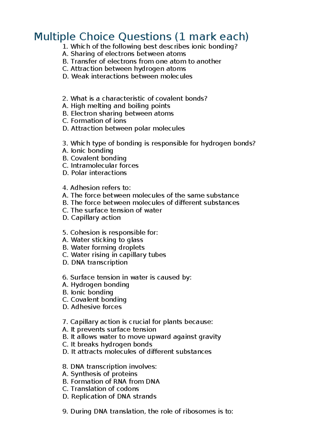 Bonding and DNA Revision: MCQs and Key Concepts (BIO101) - Studocu