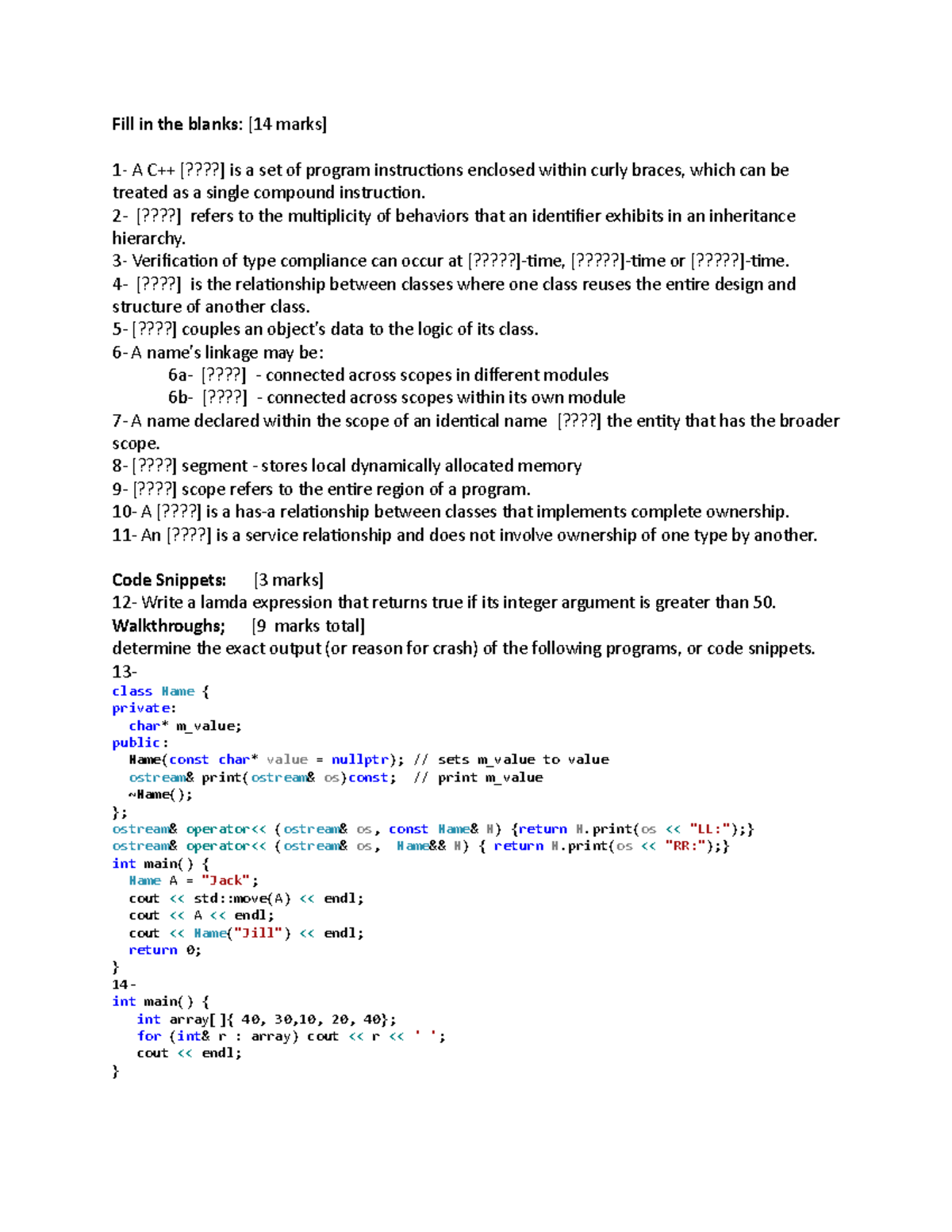 OOP345 Midterm Exam Study Guide: Fill in Blanks & Programming Tasks ...