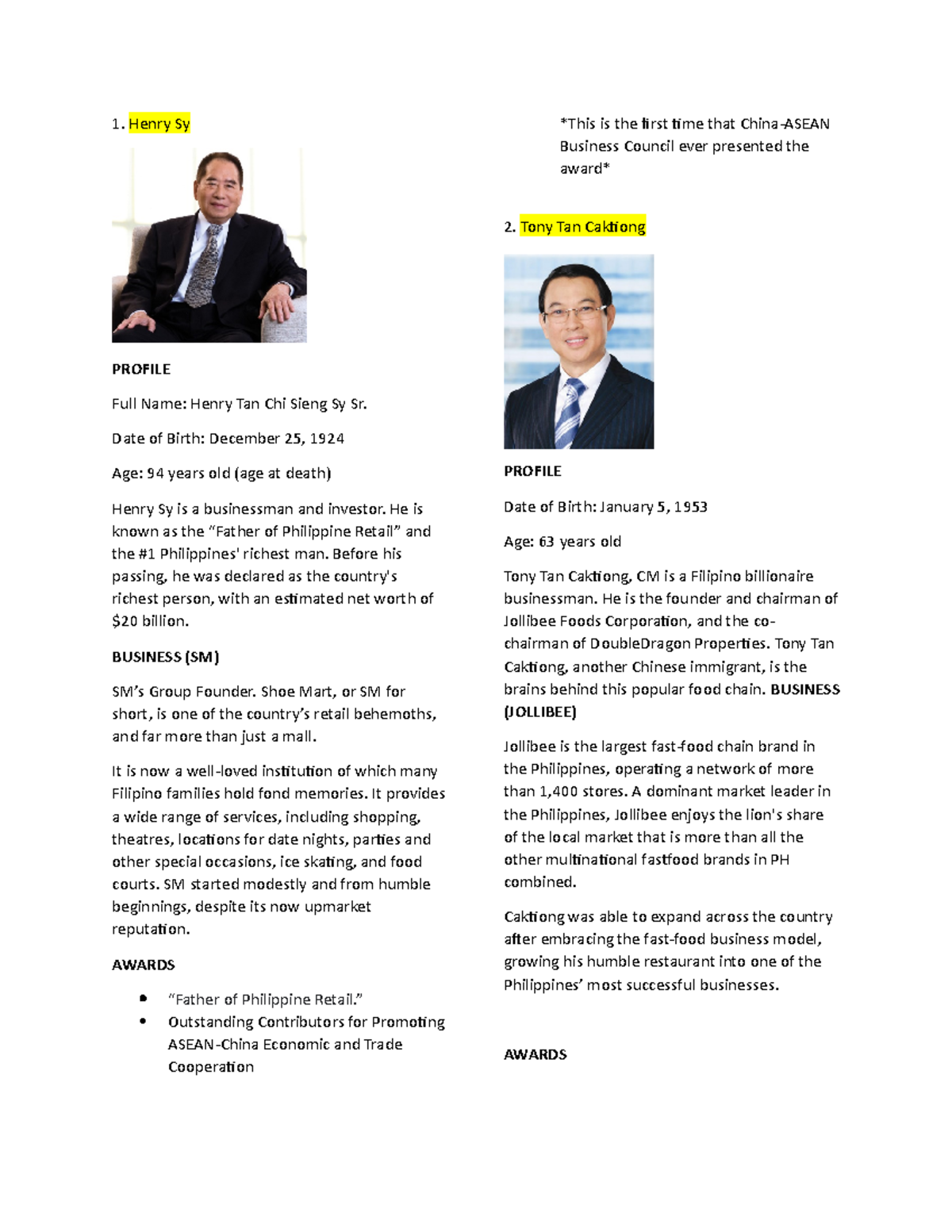 Successful Filipino Entrepreneurs - Henry Sy PROFILE Full Name: Henry ...