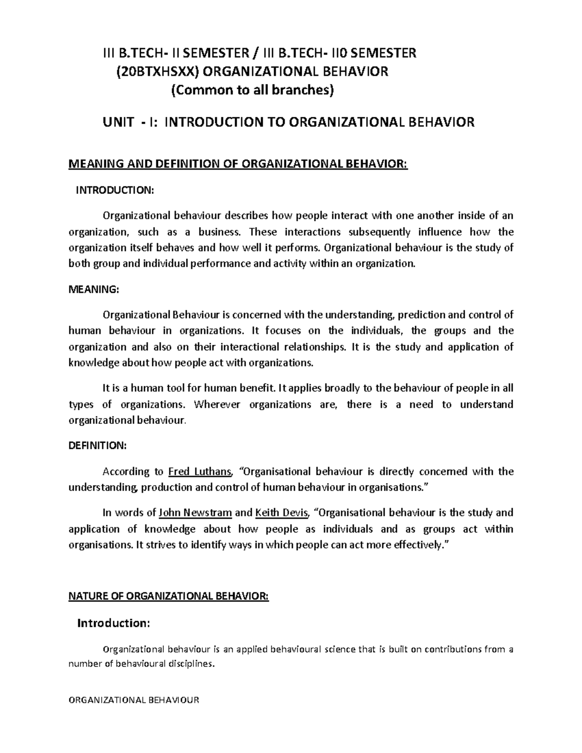 OB ALL Units - Organizational Behavior Notes - III B- II SEMESTER / III ...