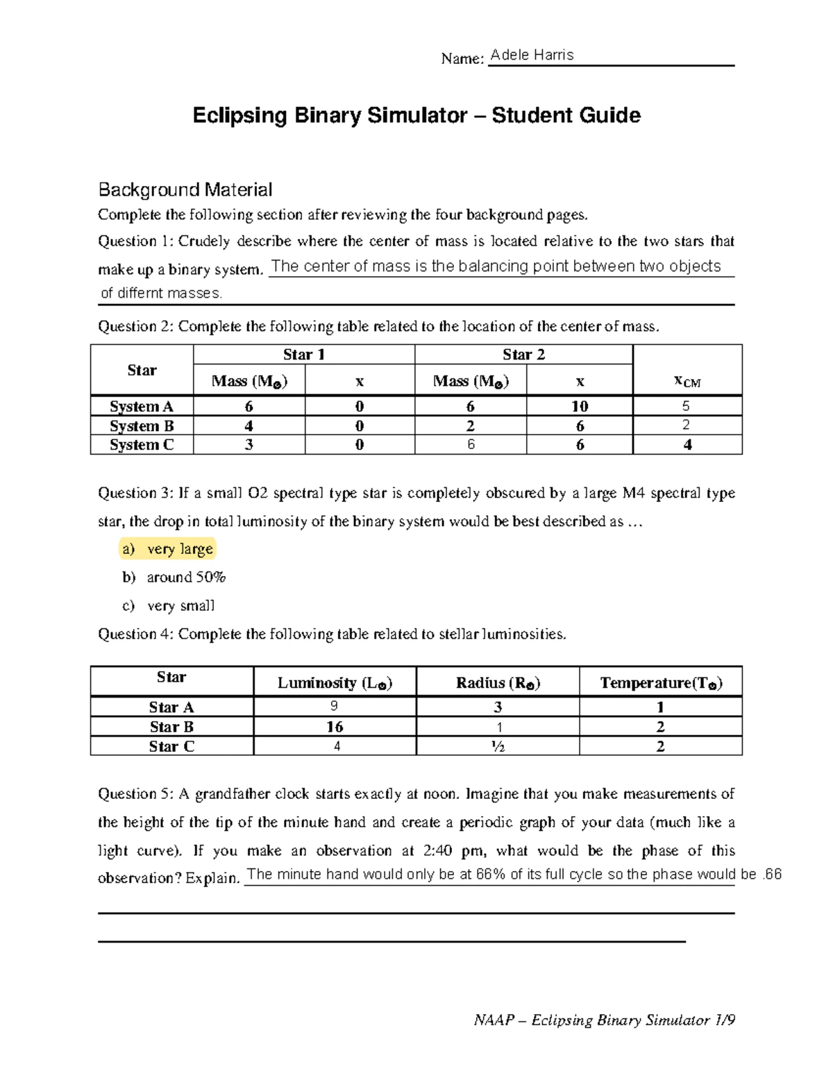 HR Diagram Lab - Name: Adele Harris HR Diagram – Student Guide ...