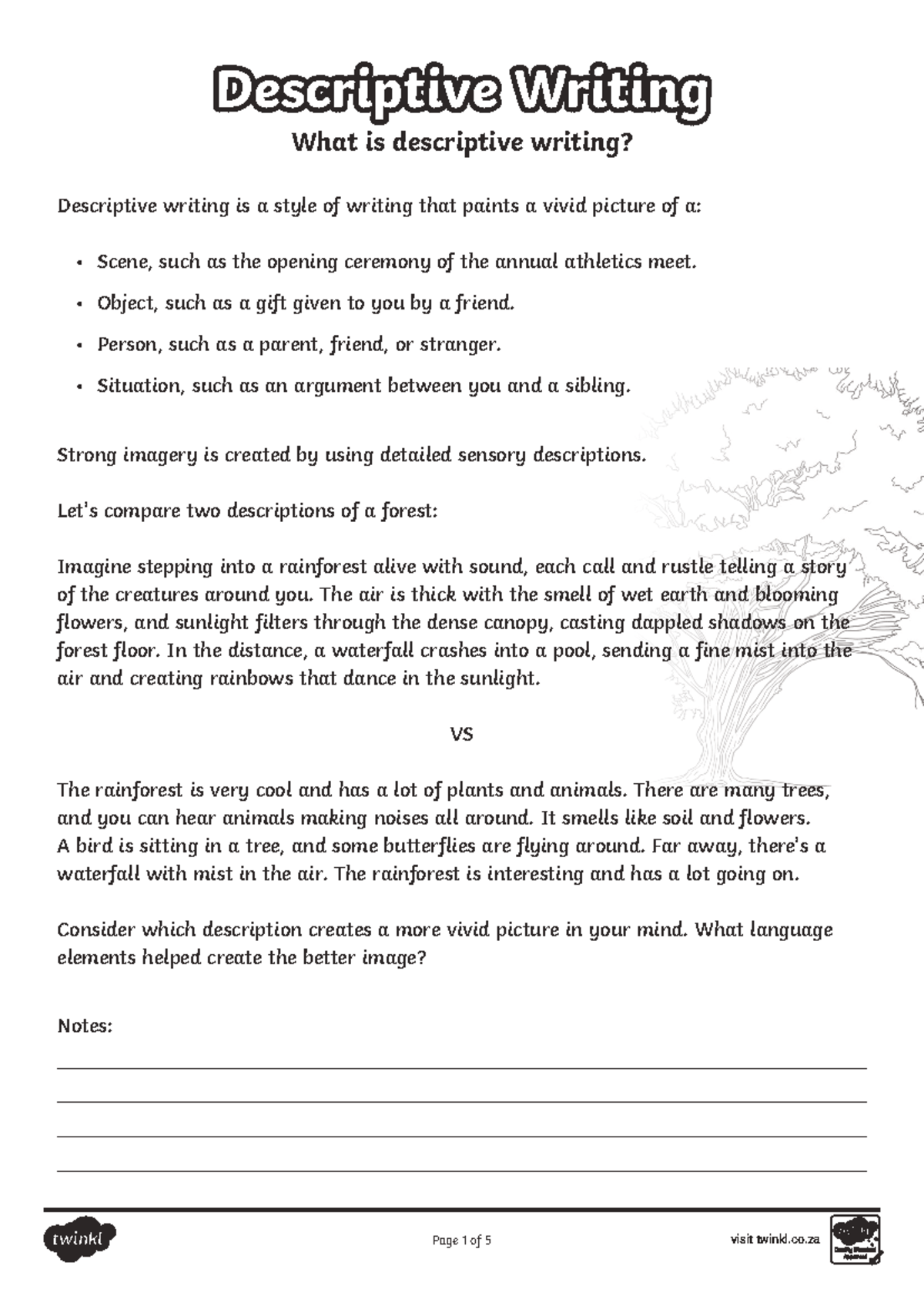 Descriptive Writing Techniques and Practice Worksheet - Studocu