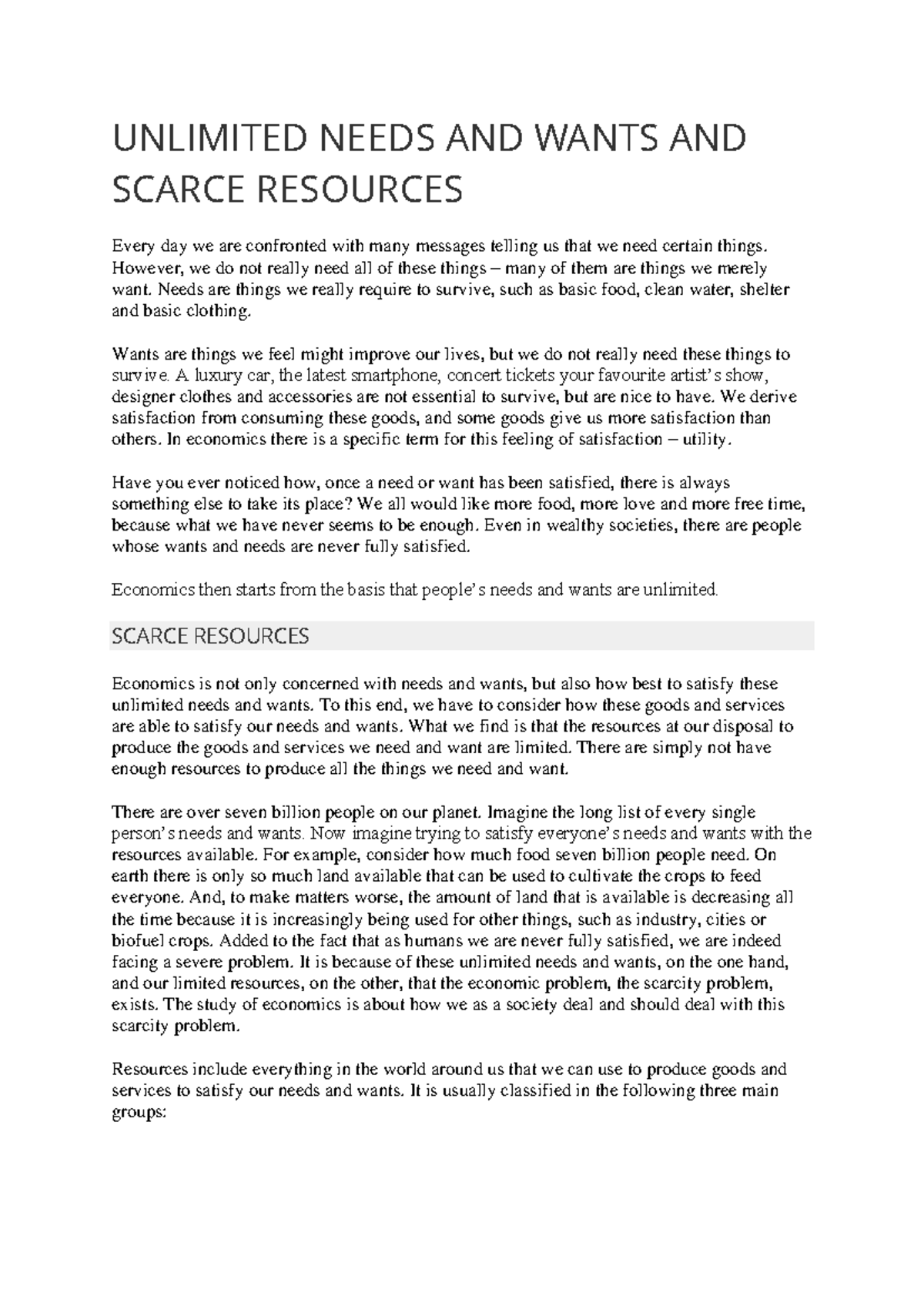 021ecs1501 topic discussion - UNLIMITED NEEDS AND WANTS AND SCARCE ...